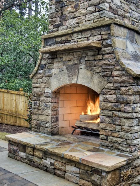 dry stack stone fireplace