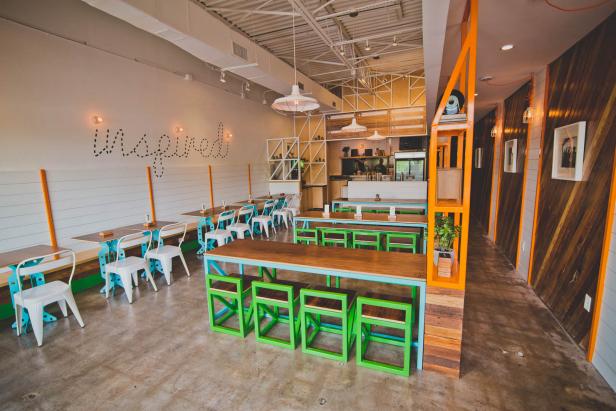 Colorful Industrial Restaurant With Custom Furniture | Kim Lewis ...