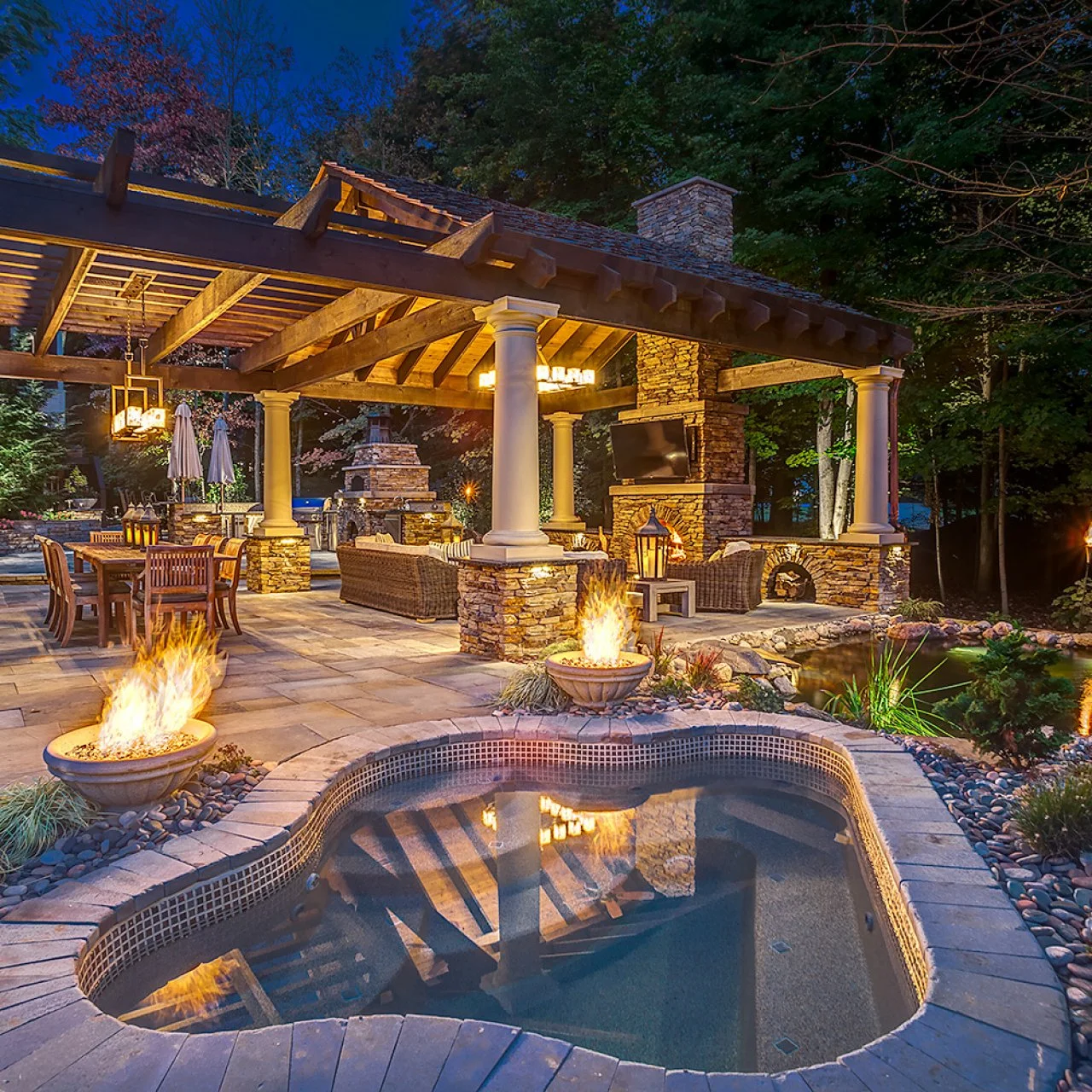 Outdoor Fireplace And Patio Designs With Waterfall Stone Patio With