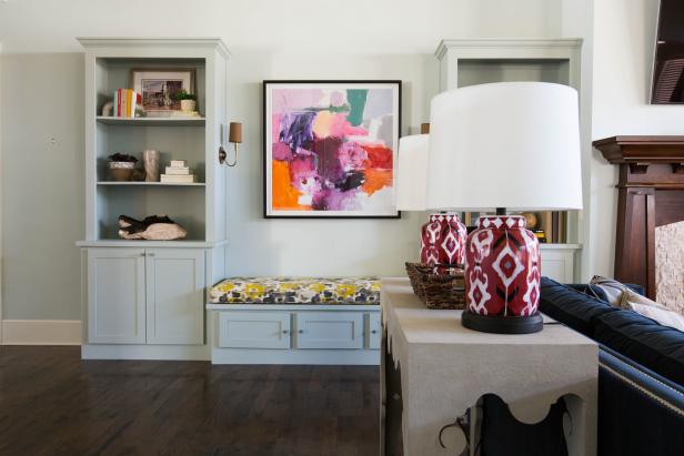Contemporary Reading Nook With Cushioned Bench in Family Room | HGTV