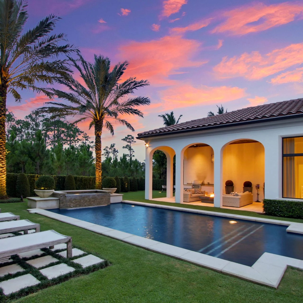 Mediterranean Mansion Backyards Backyard Mediterranean Curved White 2
