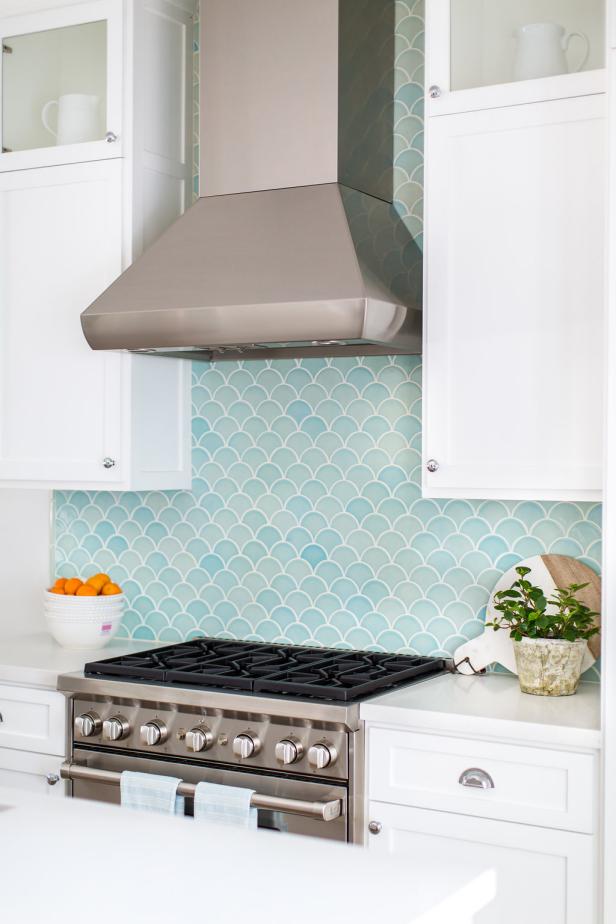 White Transitional Kitchen With Blue Scale Tiles | HGTV