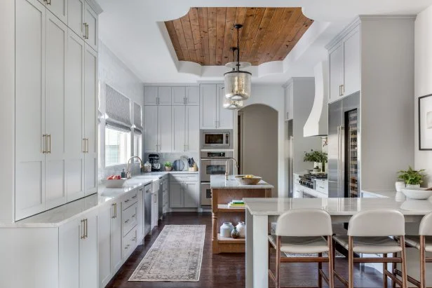 Chic Grey and White Kitchen With a Unique Wood-Paneled Tray Ceiling | HGTV