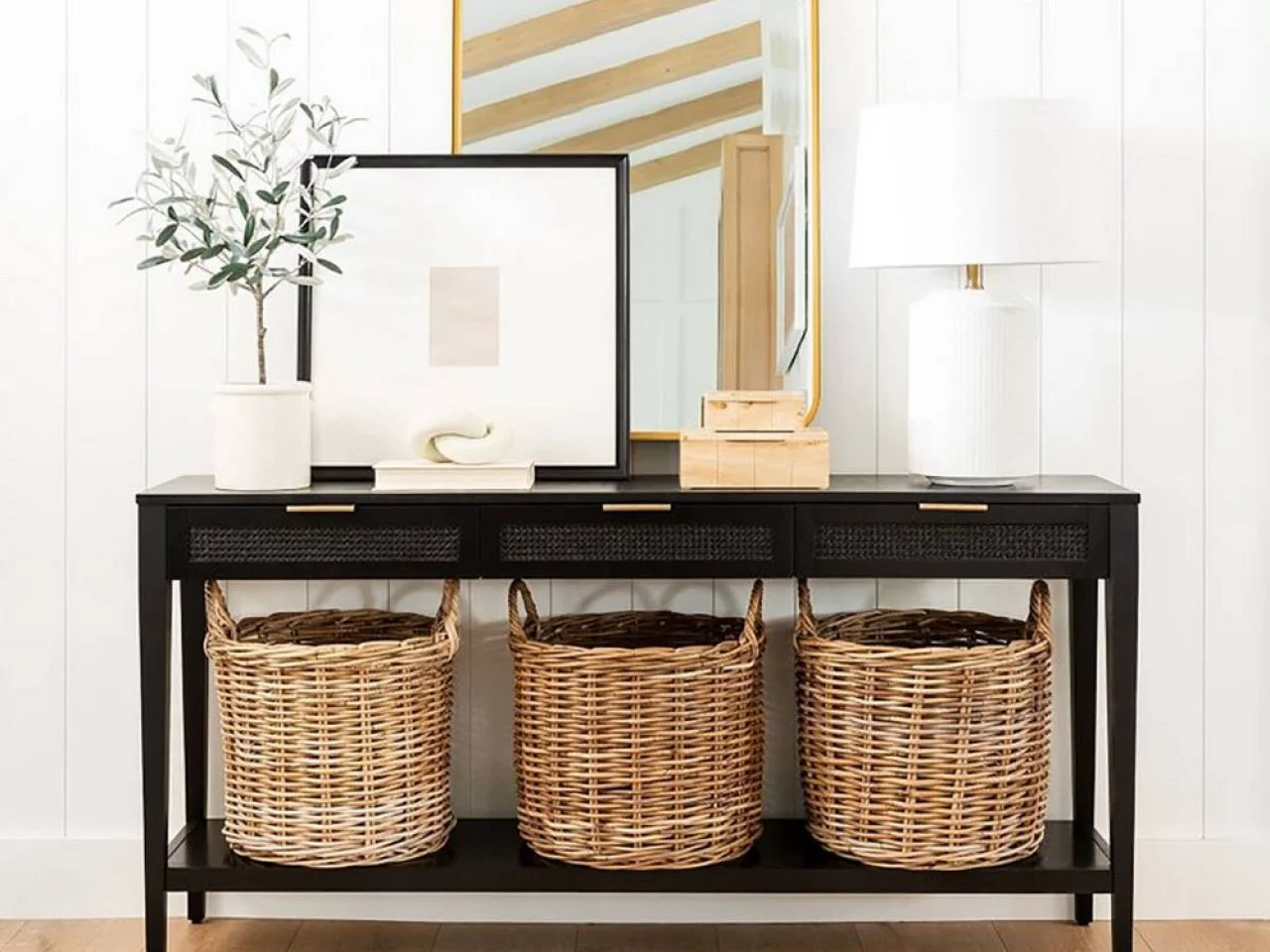 Entry Table With Storage Baskets French Knot's Elegant Console Tables
